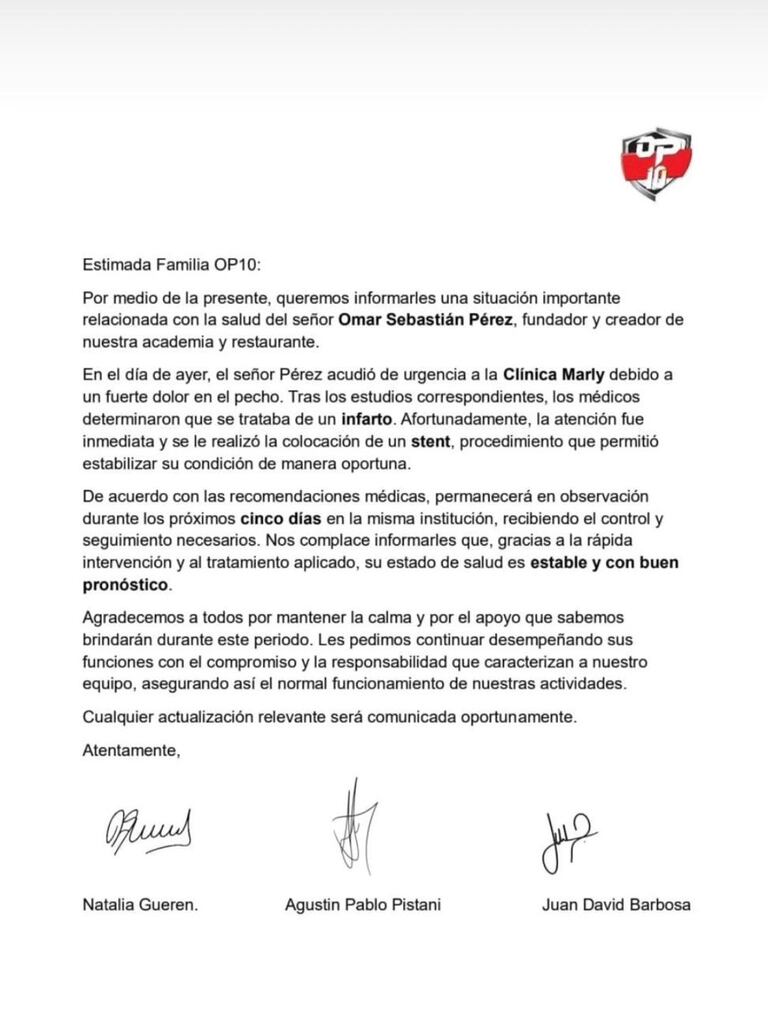 Omar Pérez sufrió un infarto: comunicado oficial sobre la salud del ...